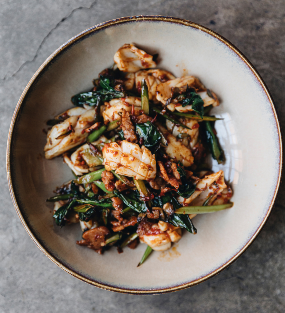 Stir fry of cuttlefish with smoky bacon, mushrooms & housemade chilli ...